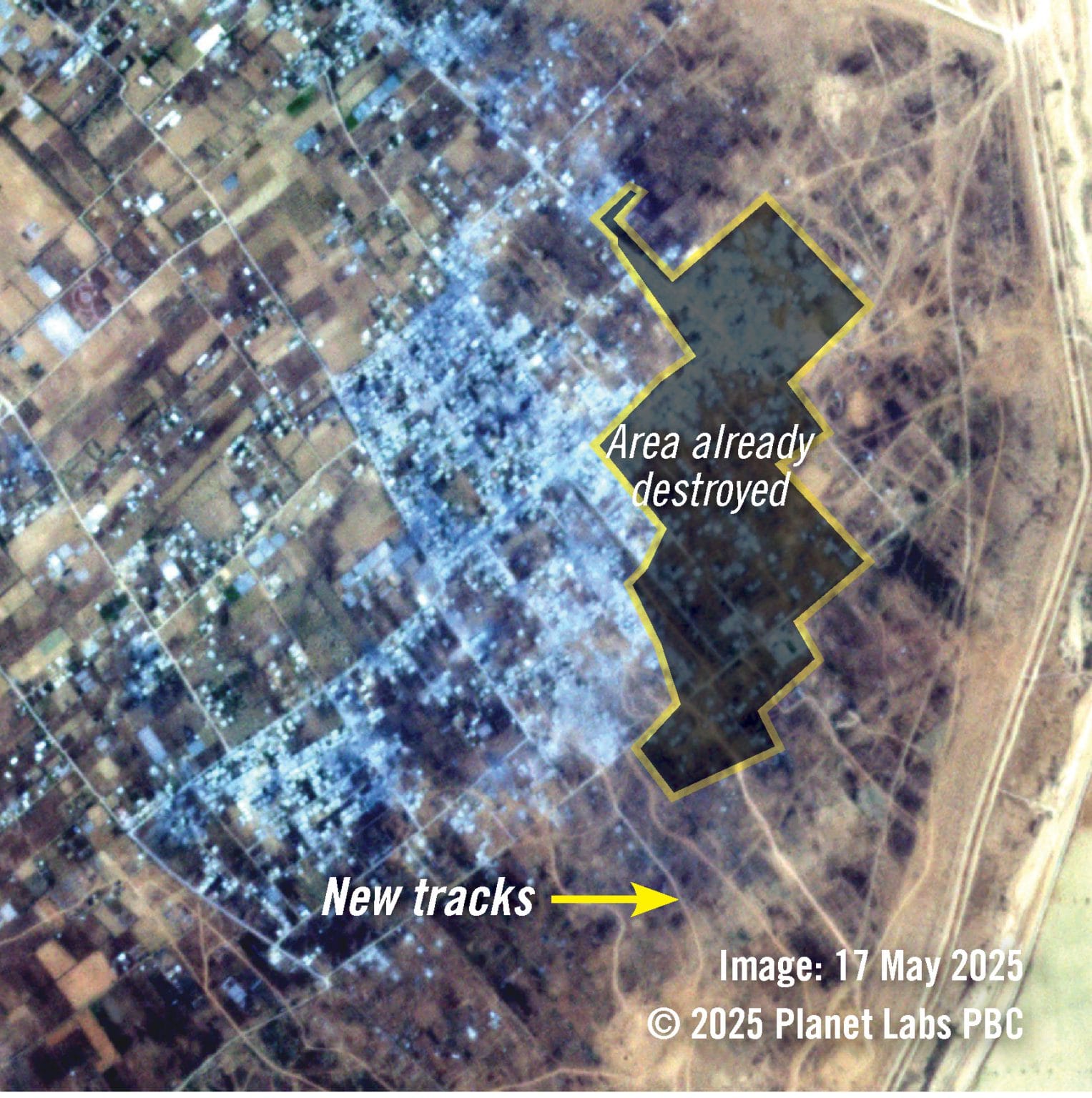 Satellite imagery reveals total razing of Khuza’a in May 2025 in ...